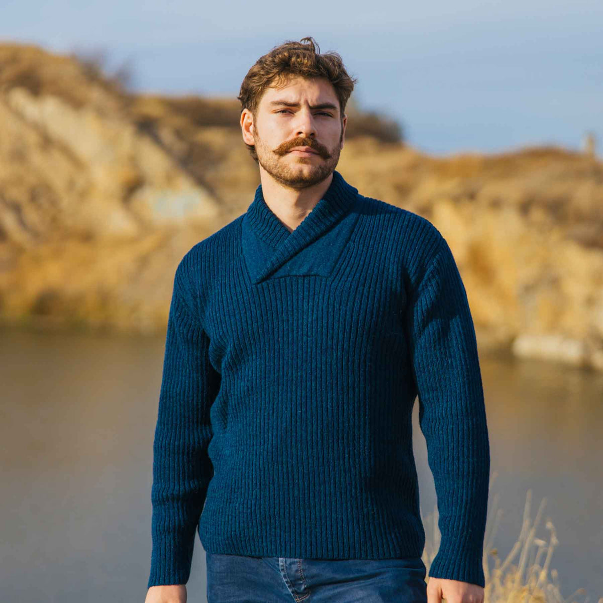 Merino Wool Shawl Neck Fisherman Sweater, Ocean Blue | 100% Merino wool