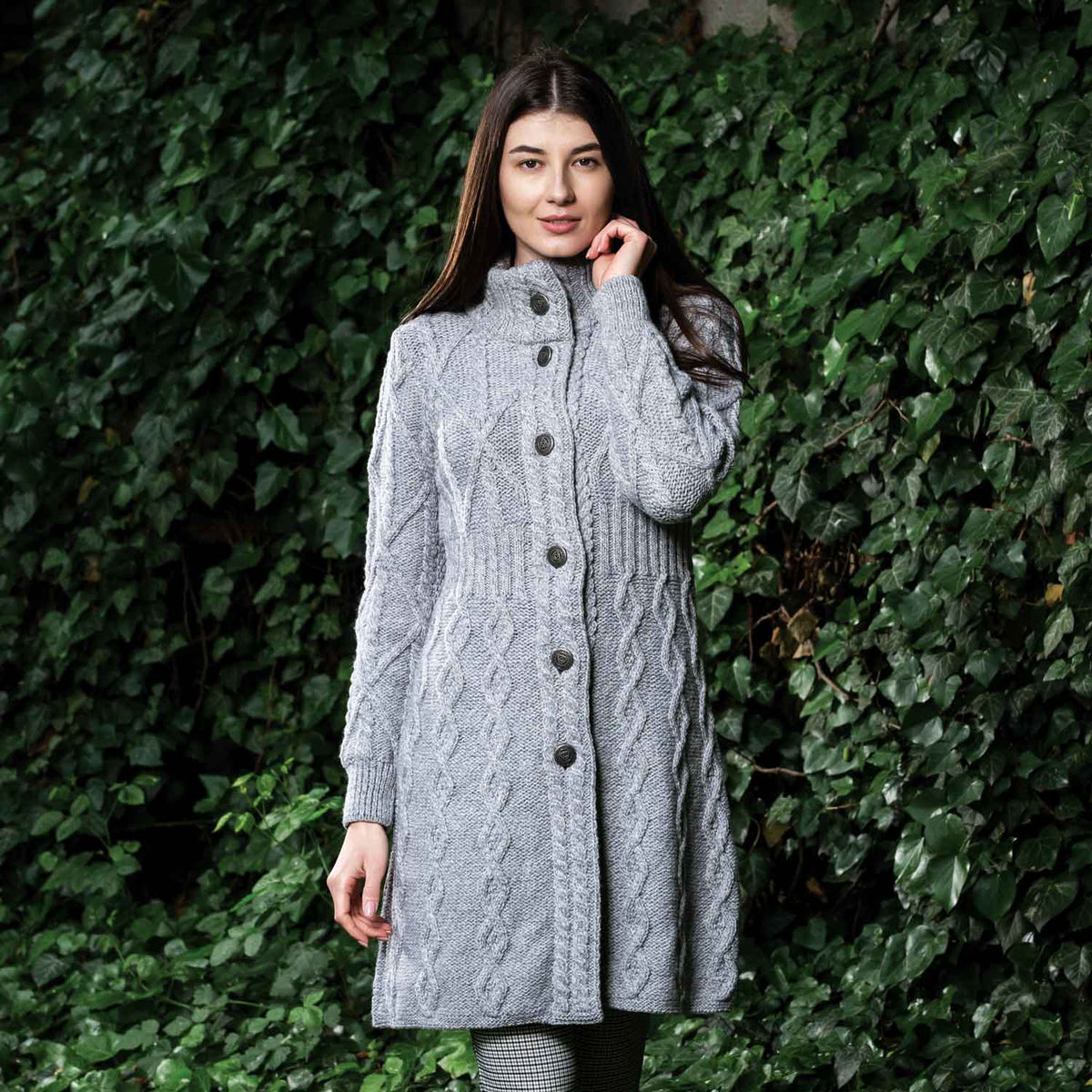 Women's Signature Aran Cable Knit Long Coat, Grey | Fast shipping from ...
