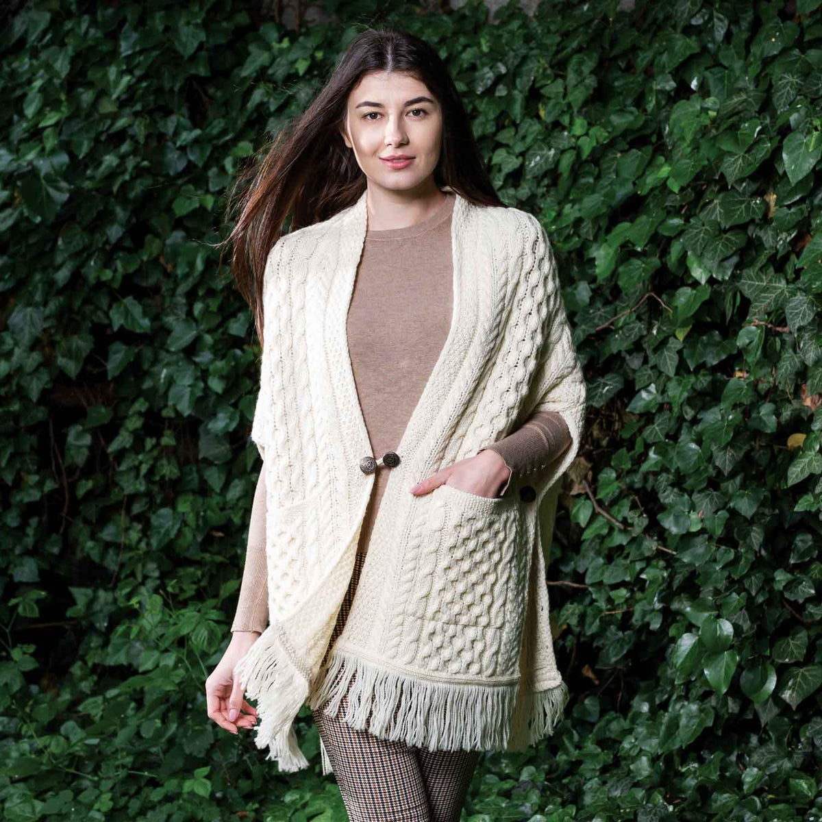Ladies Merino Aran Poncho with Side Buttons, Natural