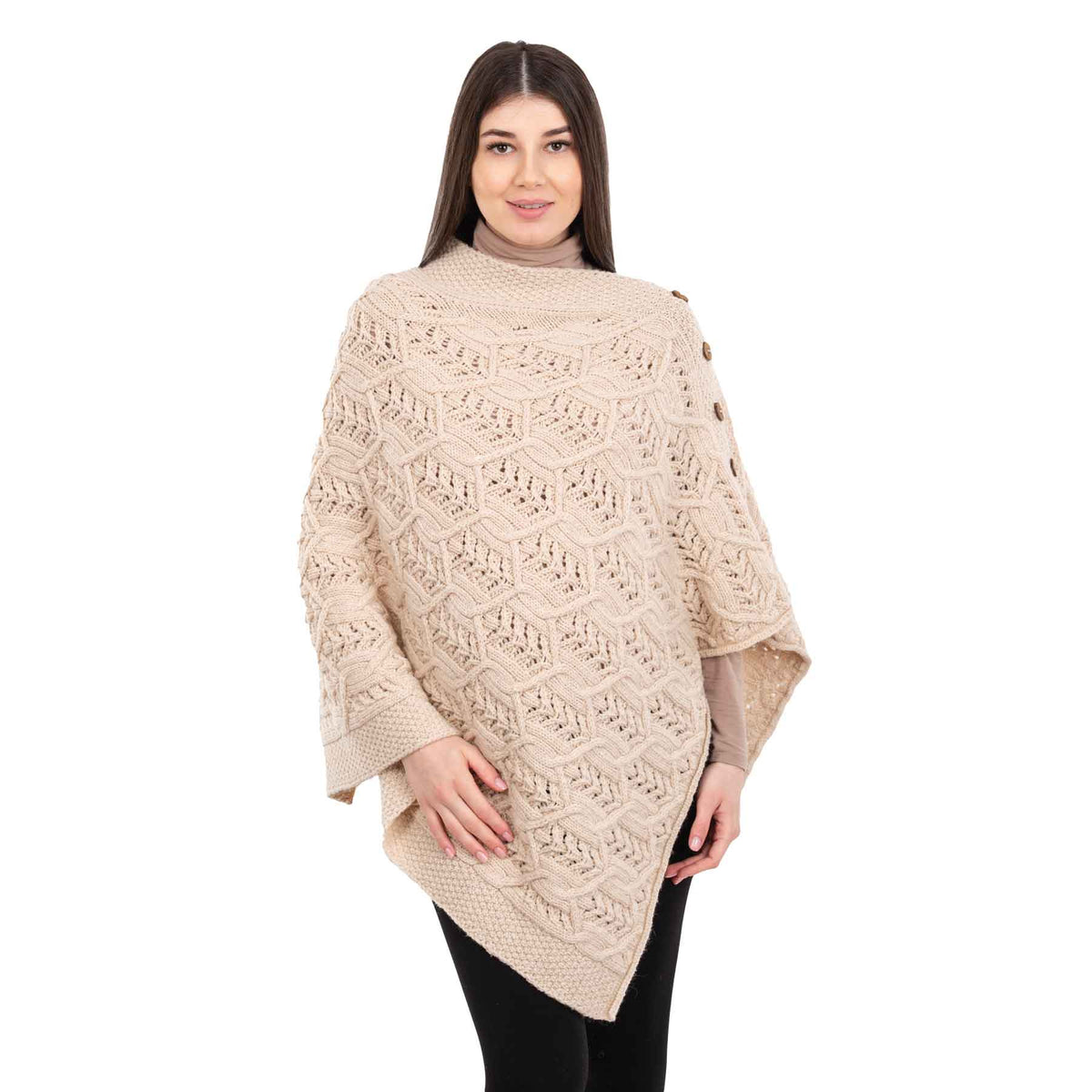 Ladies Merino Aran Poncho with Side Buttons, Parsnip | US Shipping