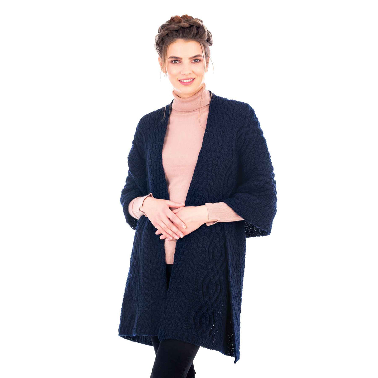 Women's Merino Wool Aran Wrap, Navy | US Shipping
