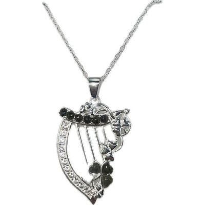 Irish Harp Silver Pendant with Gemstones | 18" silver chain included