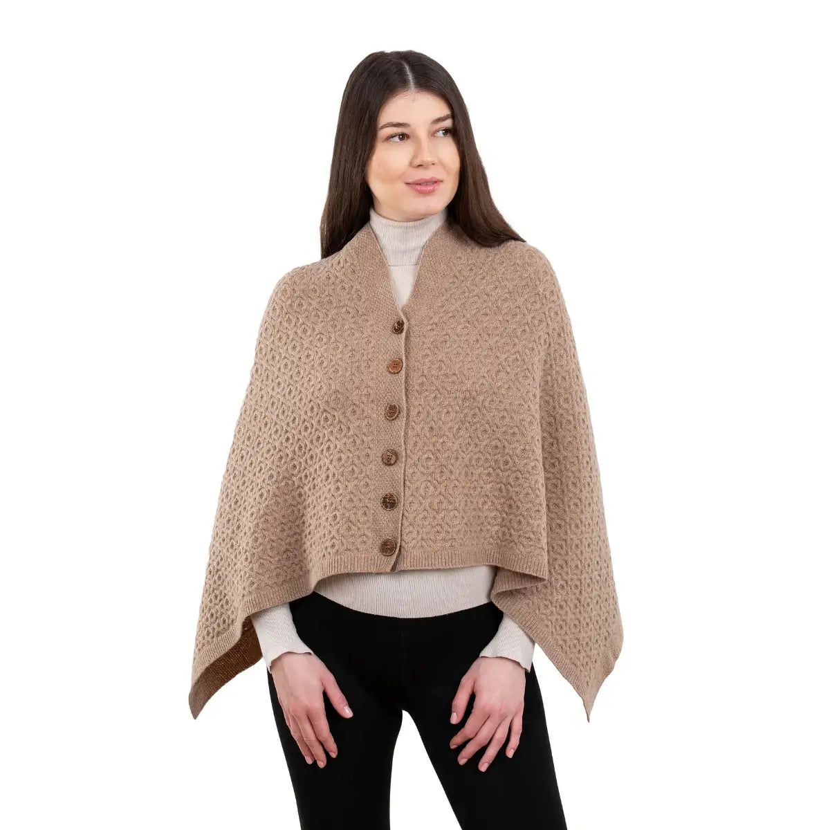 Luxurious Knit Lambswool Poncho- Brown- Aran Knit Comfort
