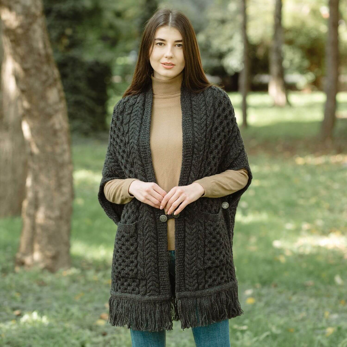 Merino Wool Irish Shawl with Pockets, Gray | Shipping From US
