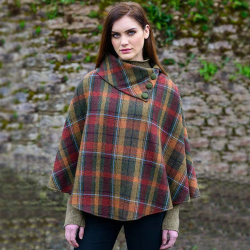 Irish Plaid Wool Walking Cape, Autumn | Shipping From US