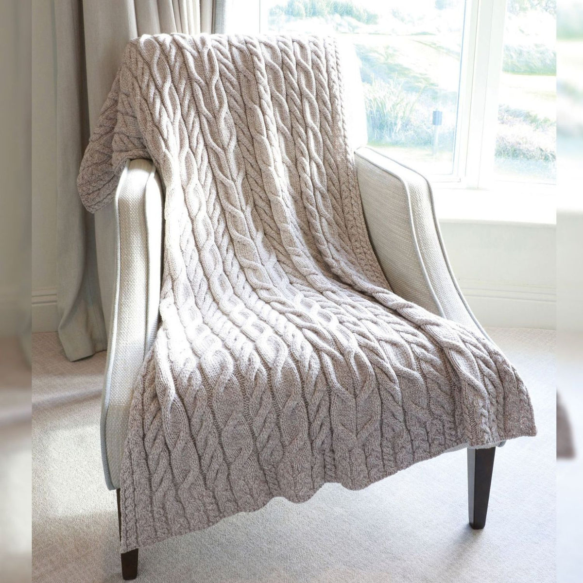 SuperSoft Merino Cable Knit Aran Blanket,Oatmeal | Made in Ireland