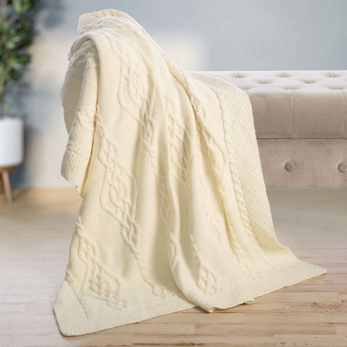 Celtic Aran Knit Throw Blanket in Cream - Irish Heritage & Comfort